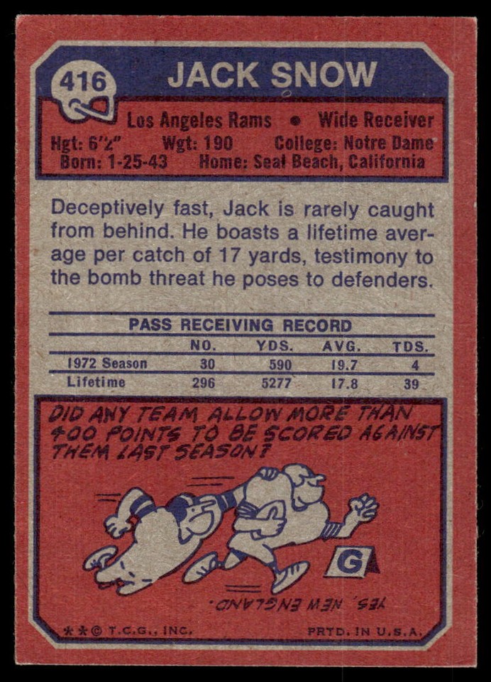 1973 Topps Jack Snow #416 Los Angeles Rams Football Card | eBay
