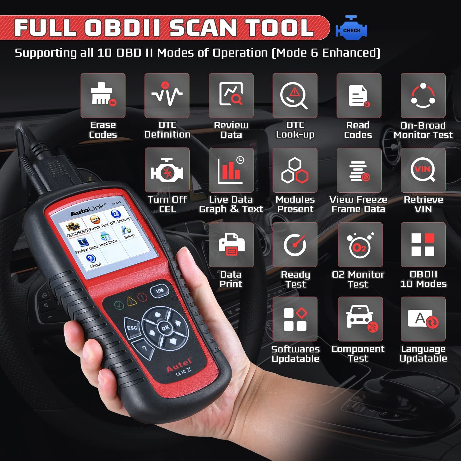 Autel AutoLink AL519 OBD2 Auto Diagnostic Tool CAN Fault Code Reader ...