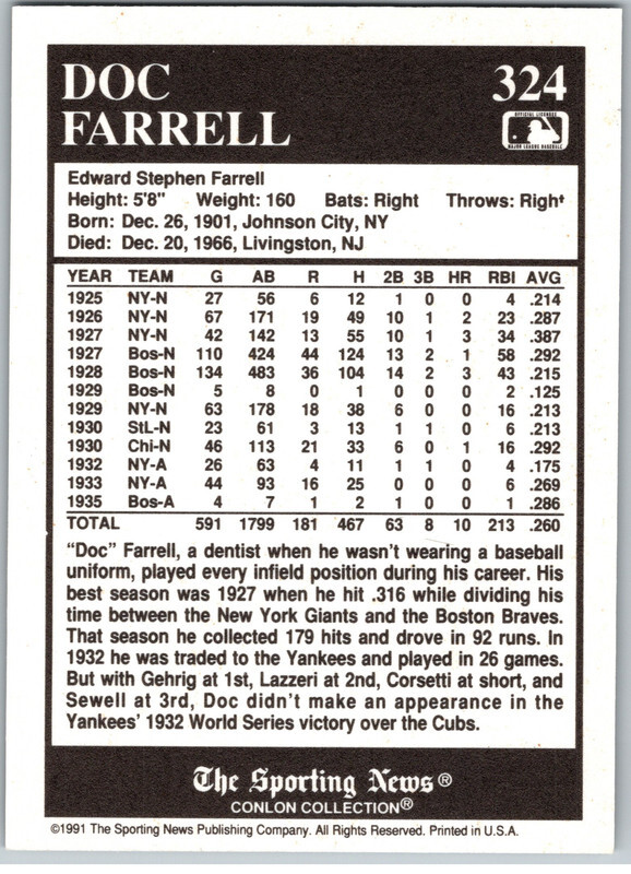 #324 Doc Farrell 1991 TSN Conlon Collection New York Giants | eBay