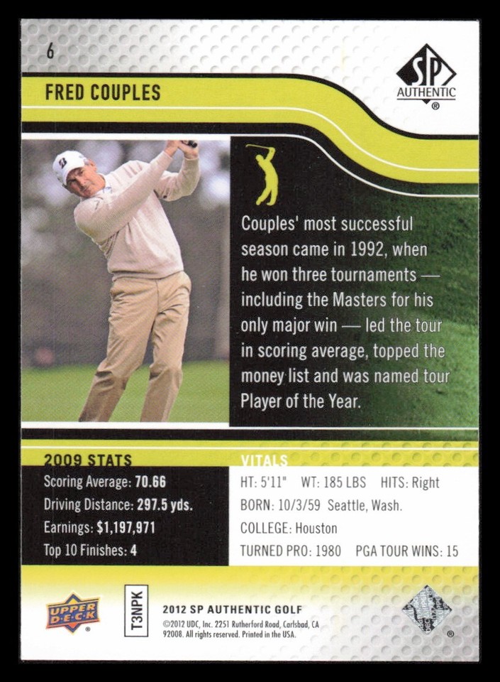 2012 Upper Deck SP Authentic Golf Fred Couples Card #6 | eBay