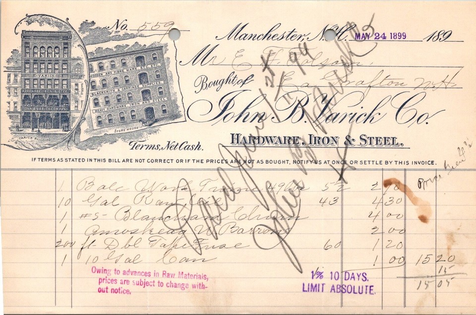 1899 JOHN B VARICK CO HARDWARE IRON STEEL BILLHEAD MANCHESTER NH | eBay