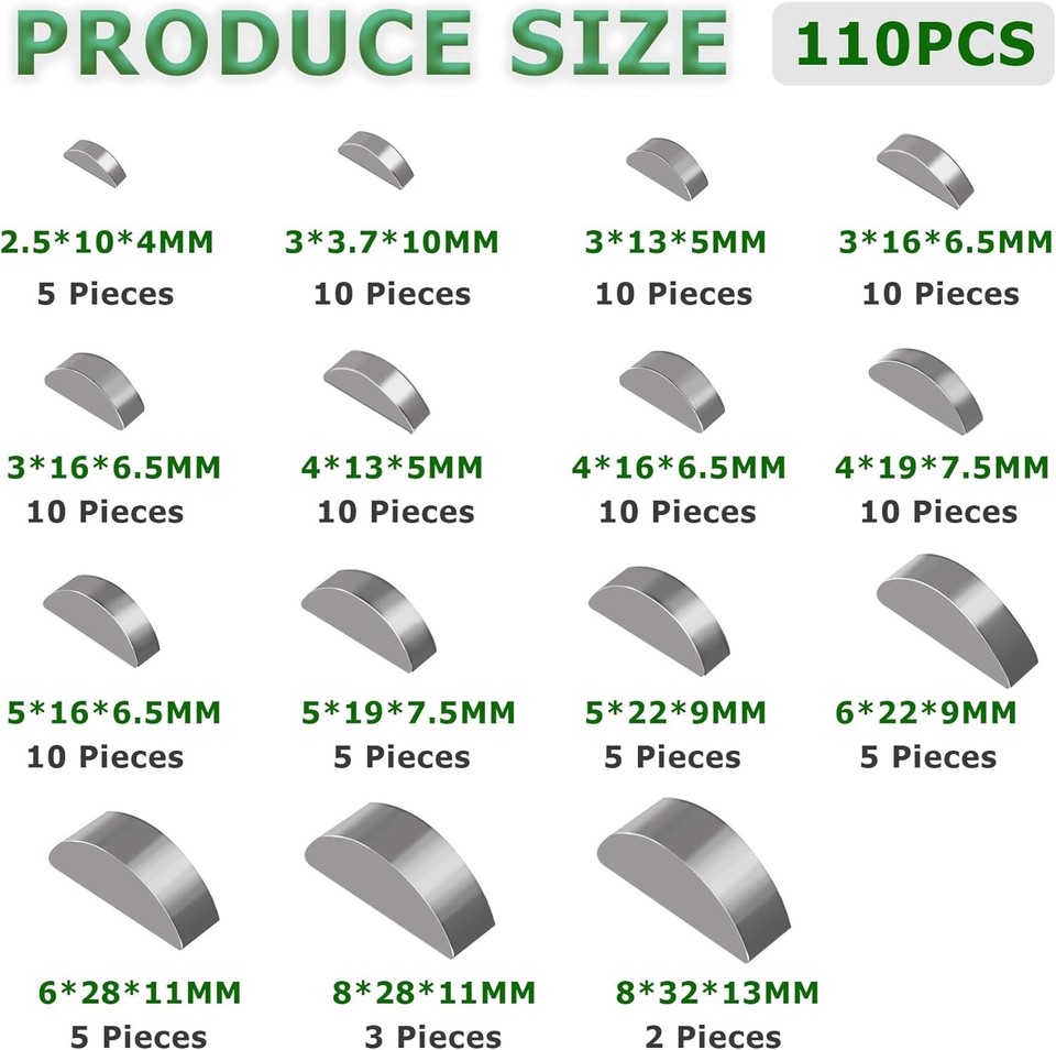 110PCS Metric Woodruff Key Assortment Kit, 15 Sizes Carbon Steel ...