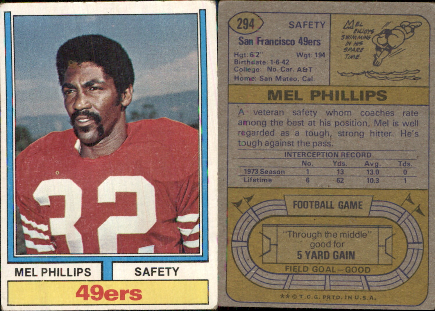 Mel Phillips 1974 Topps #294 Card San Francisco 49ers FREE SHIP ...