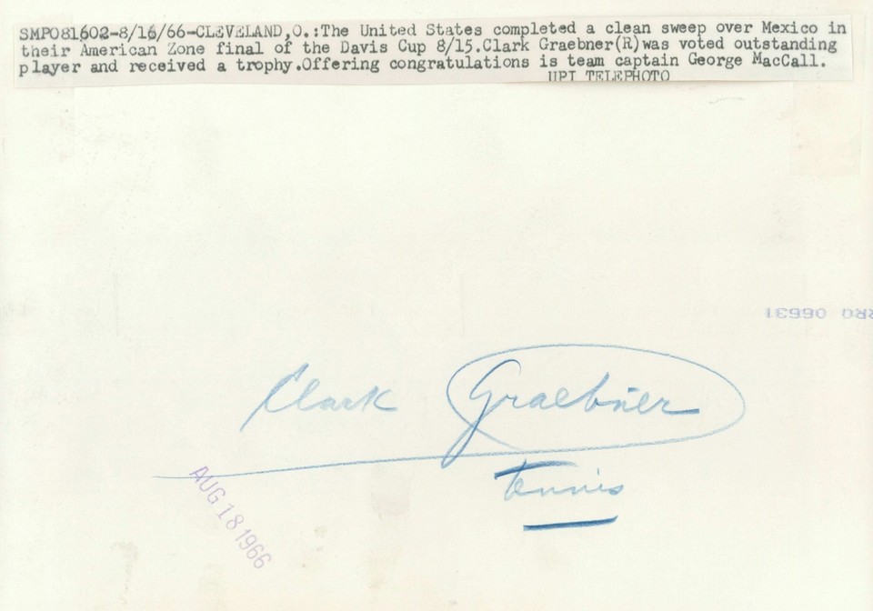 1966 Wire Photo Clark Graebner wins Davis Cup Trophy at H Clark Courts ...