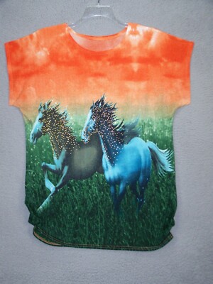 Art Designs Top Womens 2X 18W 20W Orange Green Graphic Horses Studs Ladies | eBay