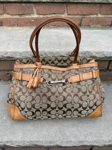 Vintage COACH Signature Jacquard Hampton Handbag Purse Tan Satchel G05J ...