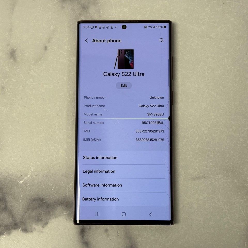 CRACKED LCD SCREEN Samsung Galaxy S22 Ultra 5G 128gb Burgundy (AT&T ...