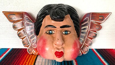 Mexican Folk Art Carved Wood Angel Cacheton Bust Wall Hanging Colonial ...