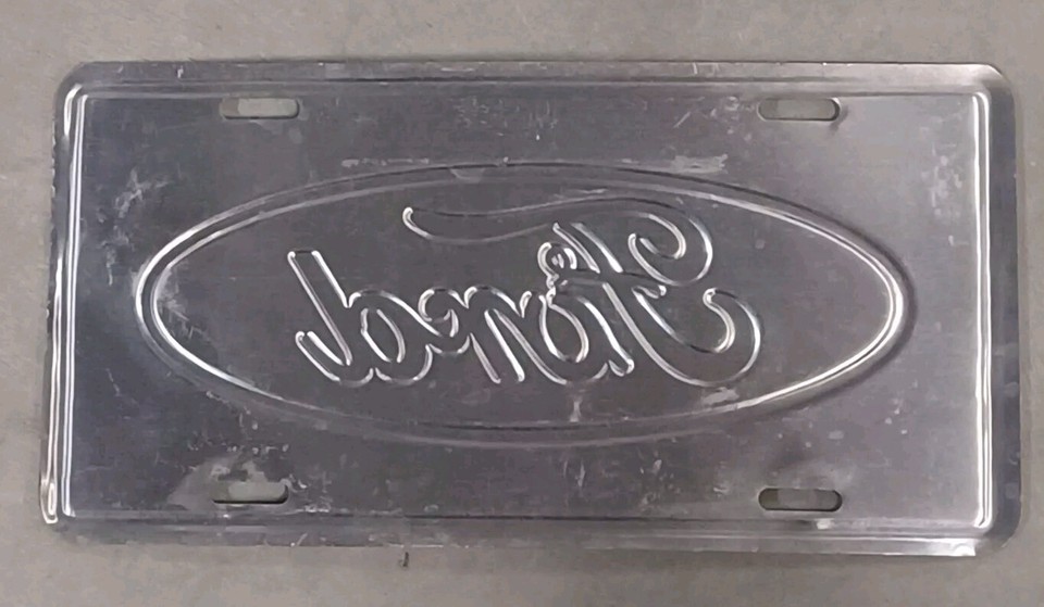 WHITE W/ BLUE OVAL FORD SCRIPT LOGO METAL MOTORSPORTS BOOSTER LICENSE ...