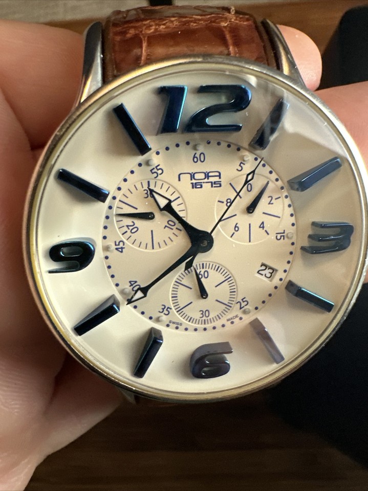 NOA Watch 1675 G003 Brown Alligator Strap Chronograph Blue Rare Watch ...