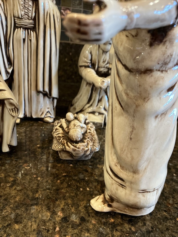 VTG DUNCAN Mold Ceramic Christmas Nativity 10pc Set glaze cream/brown ...
