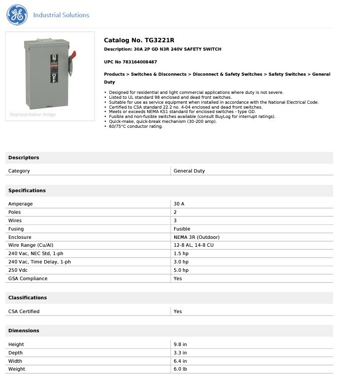GE TG3221R, 30 AMP Safety Switch | eBay