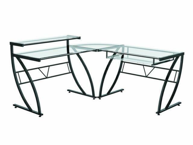 Black Metal L-shaped Corner Computer Technology Desk Glass Top ...