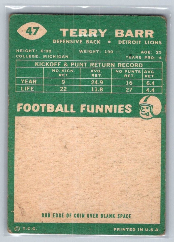 1960 Topps Football Terry Barr #47 Lions | eBay
