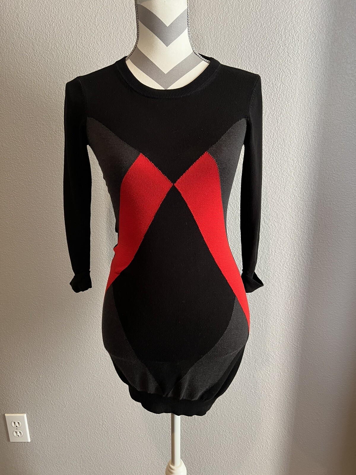 French Connection Sweater Dress Bodycon Black Red Gray Colorblock Size ...