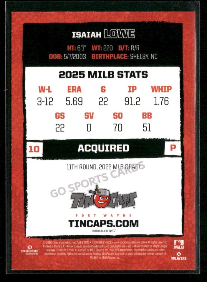 2026 Fort Wayne TinCaps Isaiah Lowe RC Rookie Padres Minor League | eBay