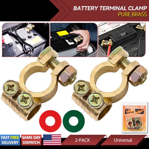 2 x Pure Brass Battery Terminals Connectors Clamps Top Post Protector w ...