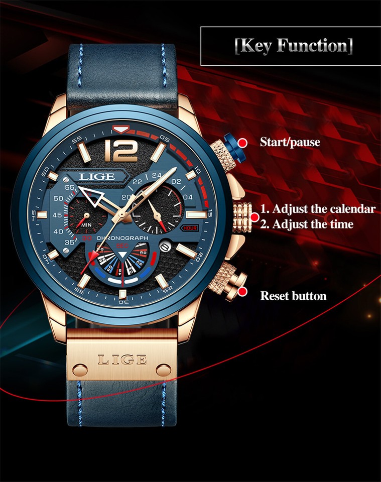 LIGE Men Watch Luxury Brand Leather Wristwatch Male Chronograph Quartz ...