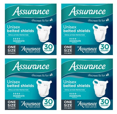 120 Count (4x30) Assurance Unisex Incontinence Belted Shield Moderate ...