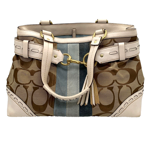 Hampton Blue Coach Purse Signature Monogram Suede White Leather Satchel ...