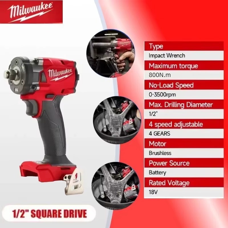Milwaukee 800Nm Cordless Electric M18 1/2 Compact Impact Wrench ...