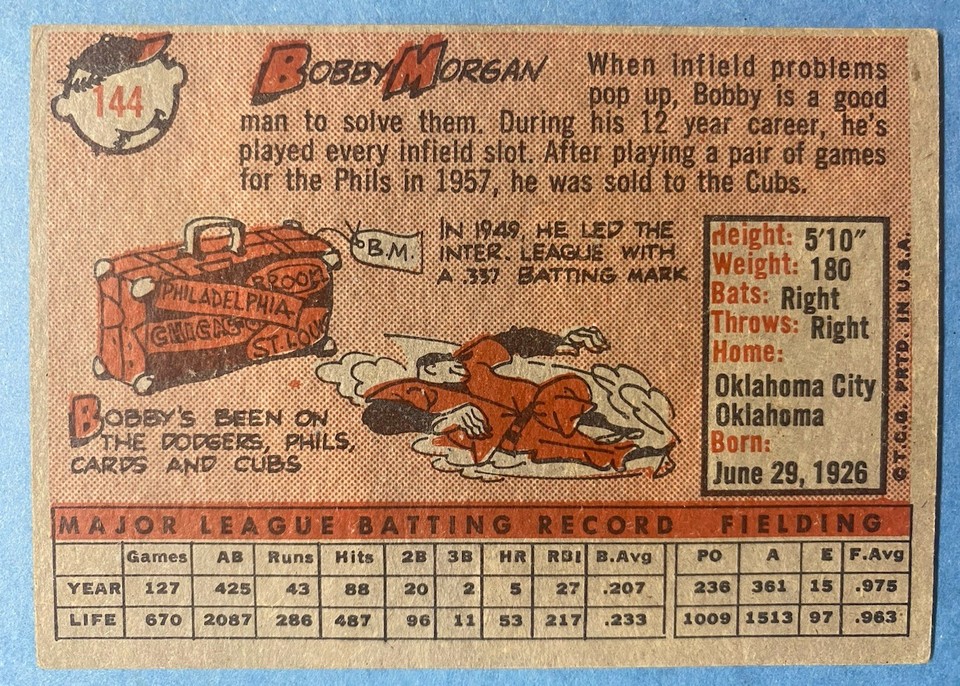 1958 Topps - Bobby Morgan #144 Chicago Cubs Baseball Card No Creases ...