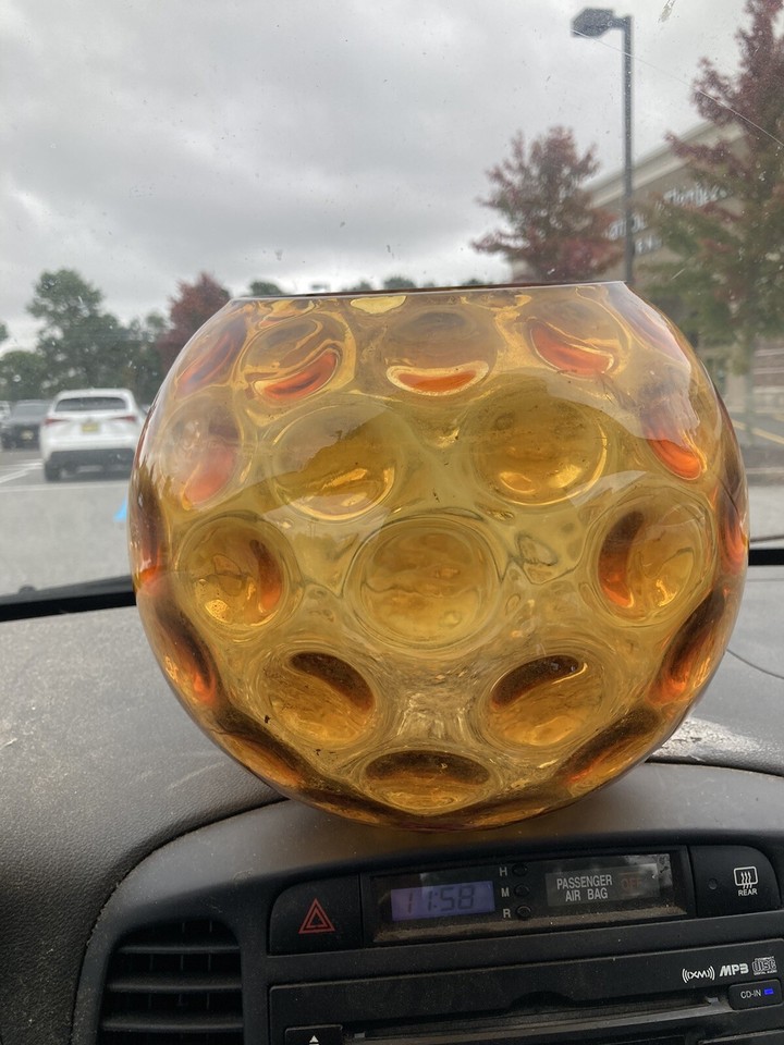 Vintage Fenton Amber Coin Dot Ivy Ball Vase 8” Wide 7” Tall Polished ...