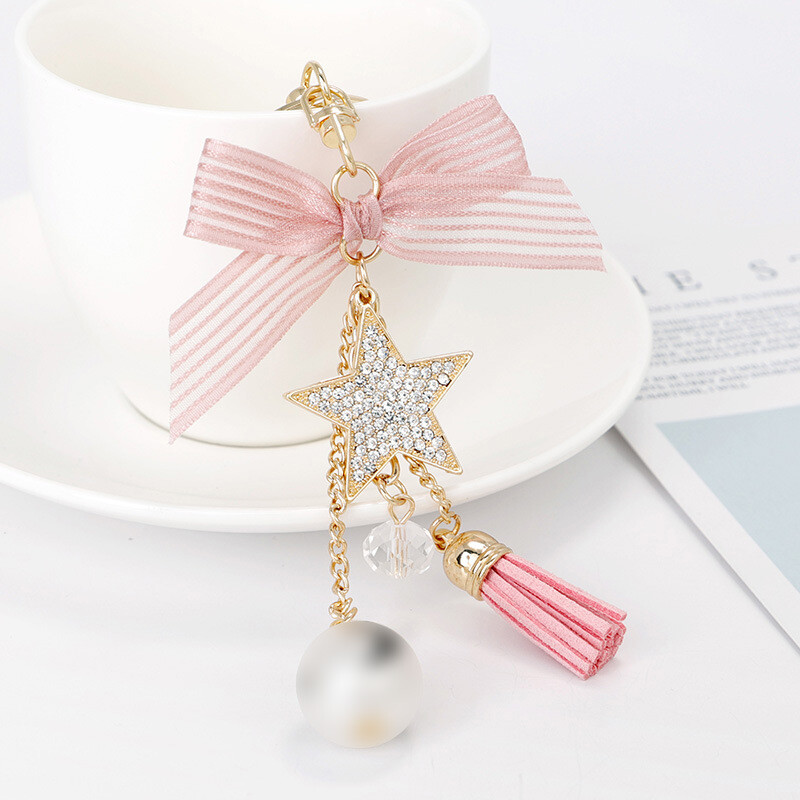 Five Stars Blue Gray Pink Tassel Keychain Women's Key Ring Pendant Cz ...