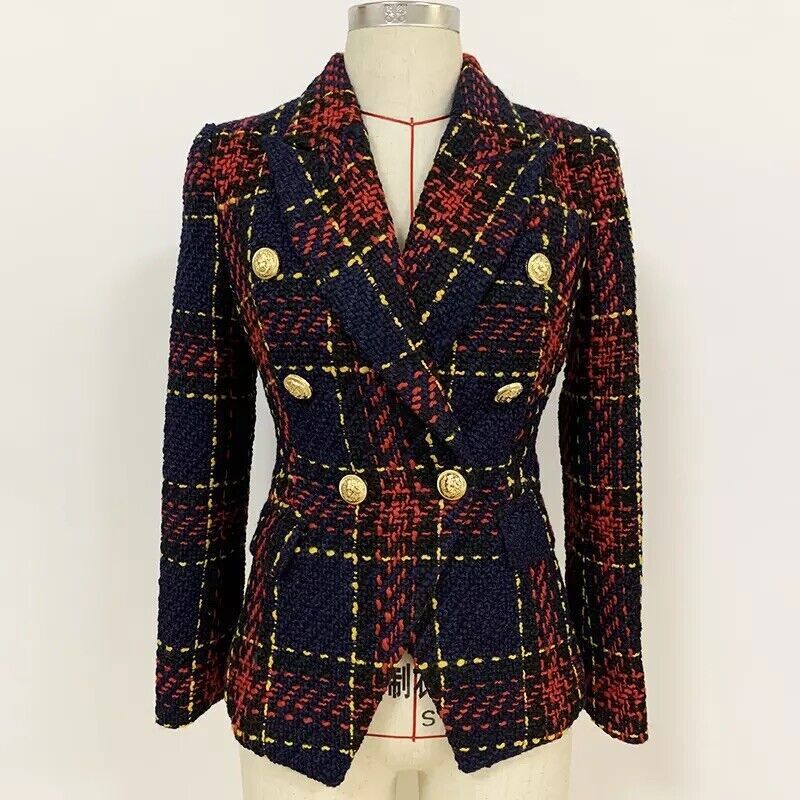 Women Lady Double Breasted Tweed Tartan Slim Fit Blazer With Gold Buttons Jacket | eBay