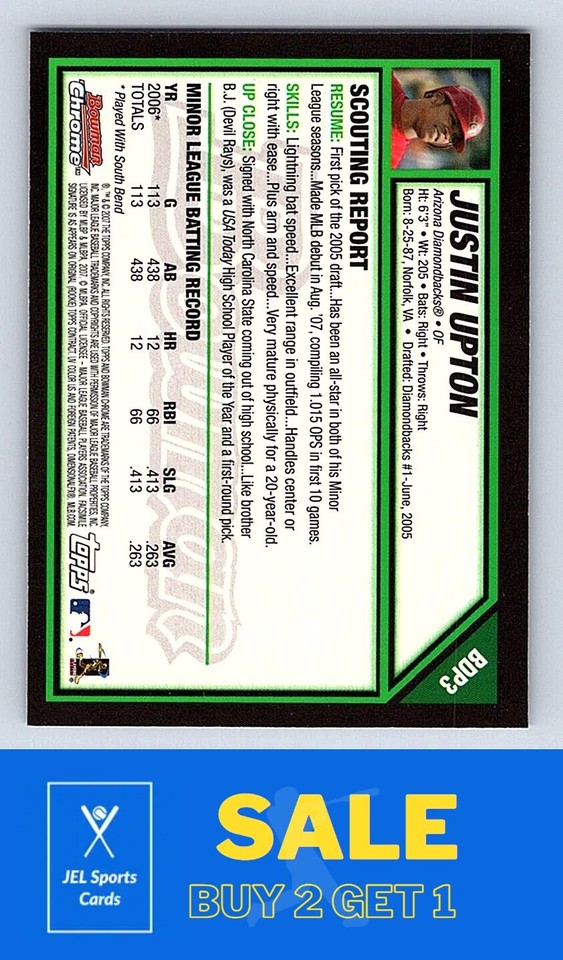 2007 Bowman Chrome Draft Picks & Prospects #BDP3 Justin Upton | eBay
