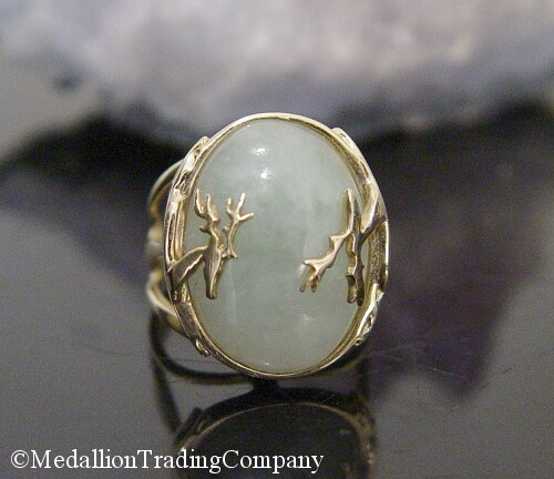 14k Yellow Gold Green Jade Ring Deer Buck Antlers Fetish Ring | eBay