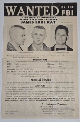 ORIG. 1968 FBI WANTED POSTER OF MARTIN LUTHER KING JR. ASSASSIN - JAMES ...