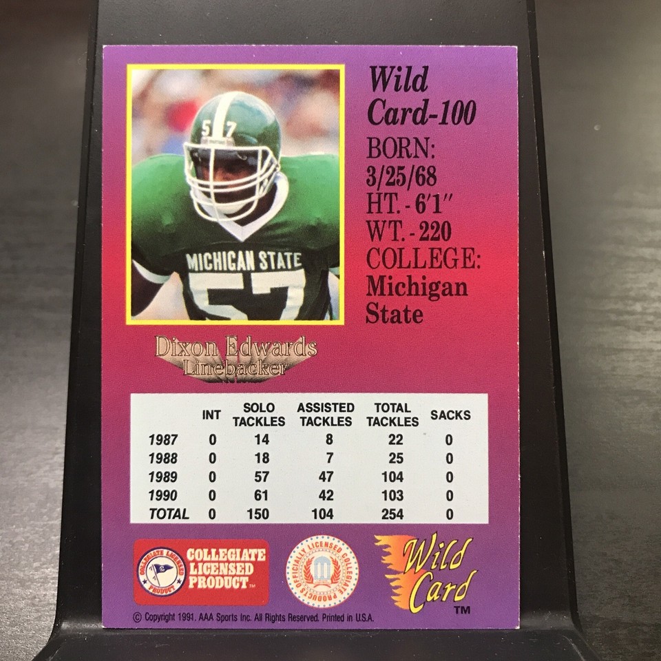 Dixon Edwards 1991 Wild Card Draft #100 Michigan State Spartans ...