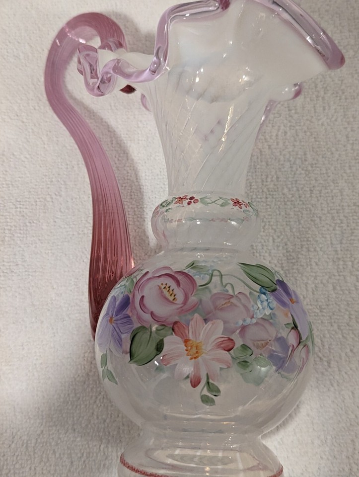 FENTON Glass Pitcher Vase Commemorative Opalescent Dusty Rose Crest ...