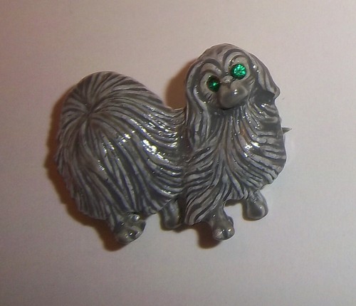 Gerry’s Gray Enamel PEKINGESE Pin Brooch Green Rhinestone Eyes | eBay