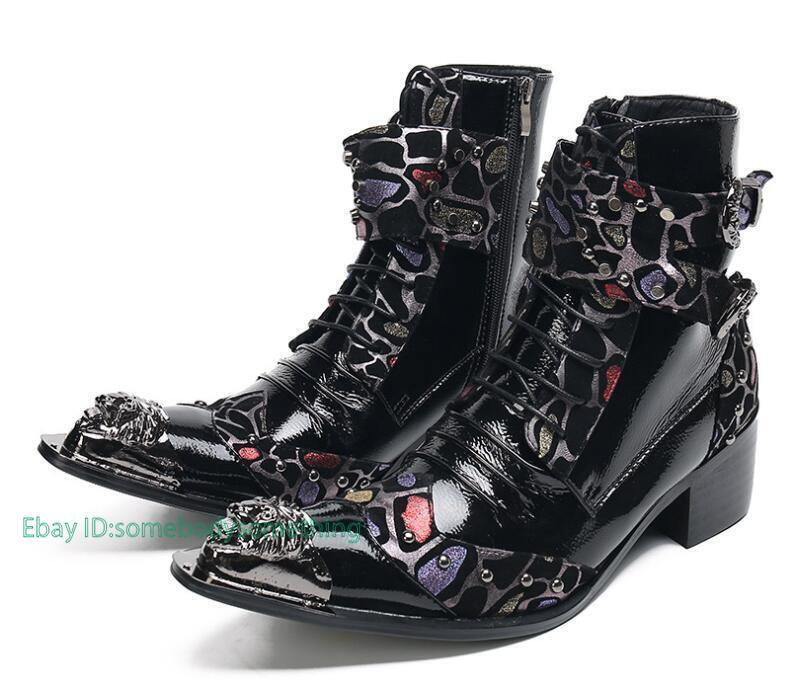 Men's New Fashion Metal Head Pointy Toe Buckle Strap Ankle Boots Punk ...
