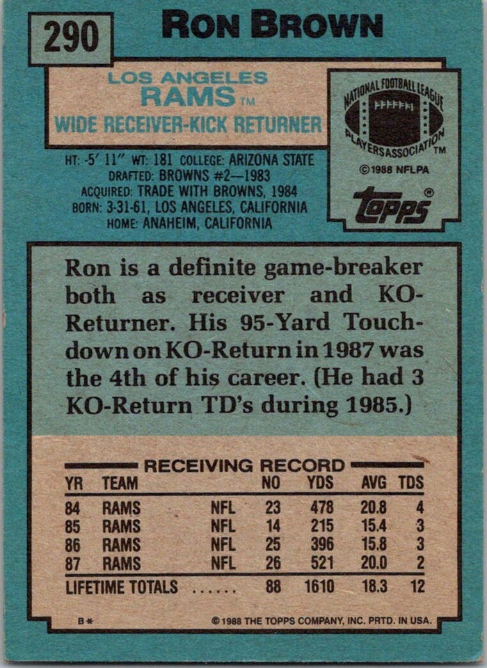 1988 TOPPS RON BROWN LOS ANGELES RAMS #290 | eBay