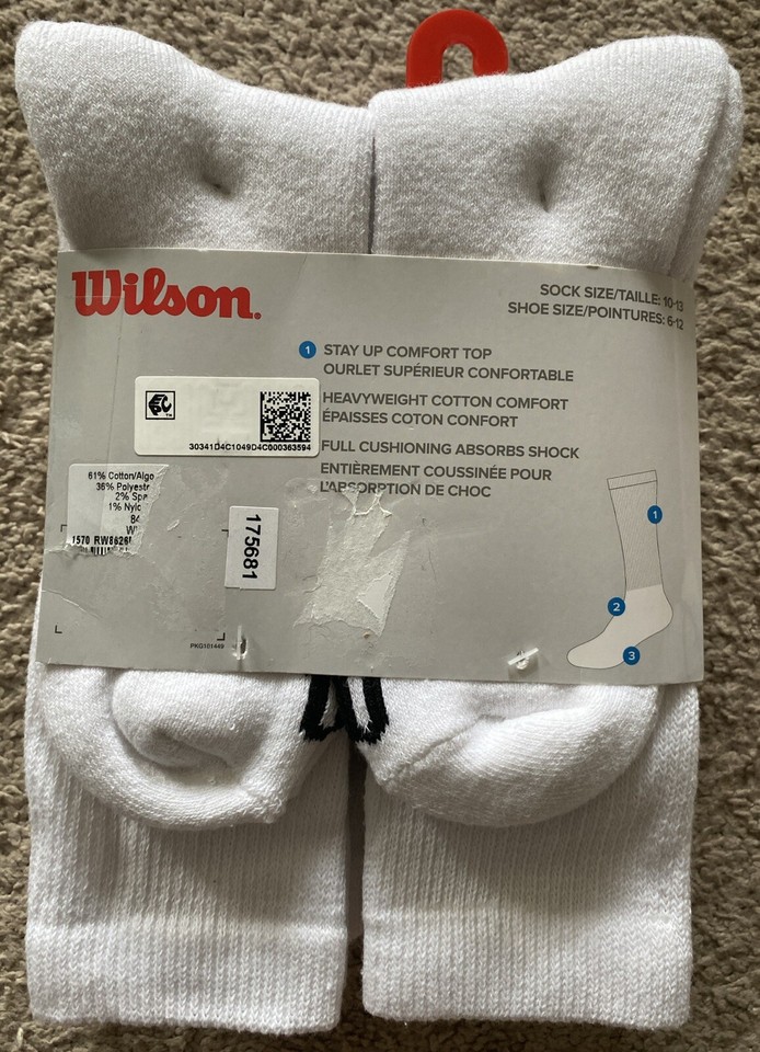 Wilson Cotton Cushioned White Crew Socks 8 Pair Men's Shoe Size 6-12 ...