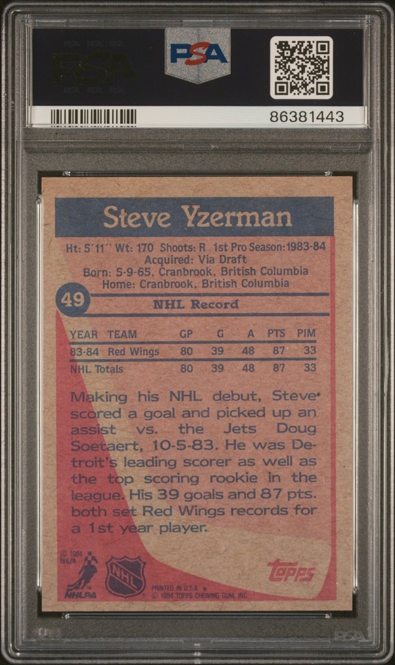 1984 Topps #49 Steve Yzerman PSA 9 RC Rookie Card TCCCX CH | eBay