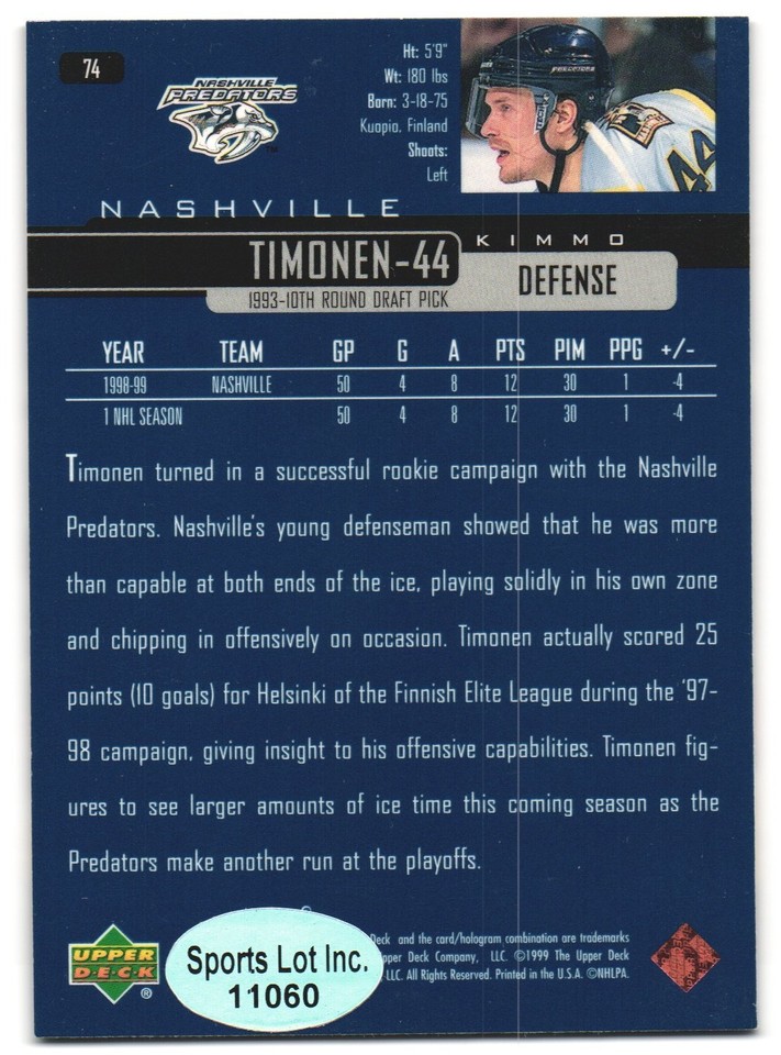 Kimmo Timonen Autographed 1999 Upper Deck Card #74 Nashville Predators ...