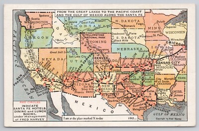 Santa Fe Railroad Route Map Fred Harvey Hotels Restaurants 1920s ...
