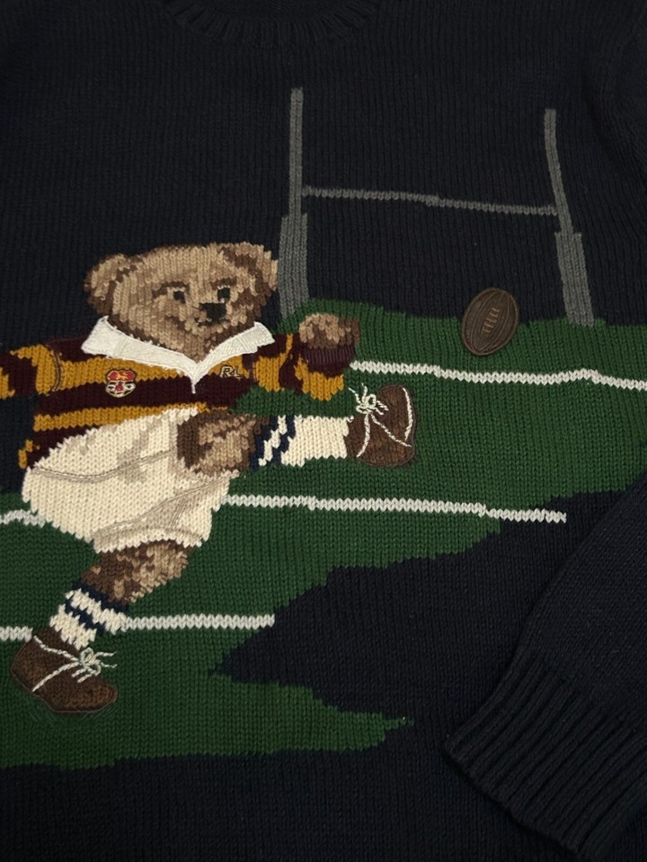 Polo Ralph Lauren Sweater Rugby Kick Bear Sz M Navy / MU Cotton Blend ...