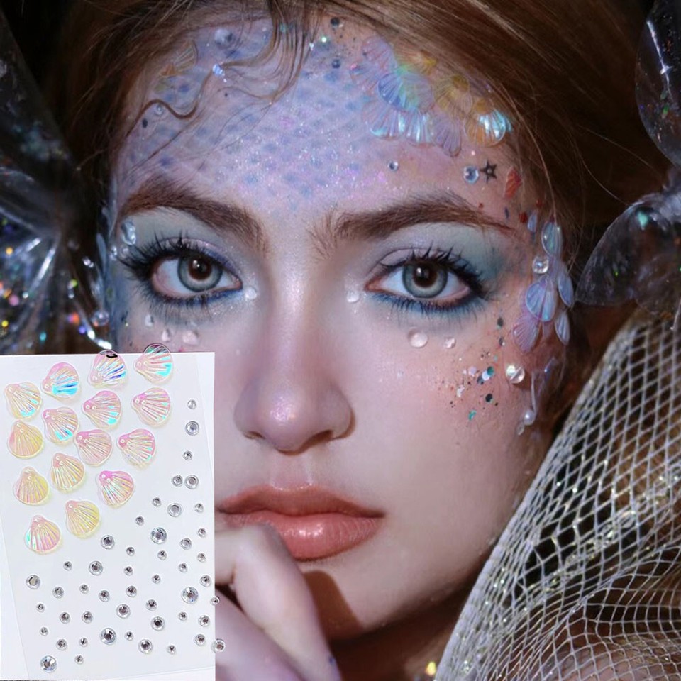 3D Shell Face Tattoo Sticker Gems Adhesive Glitter Face Jewel Festival ...