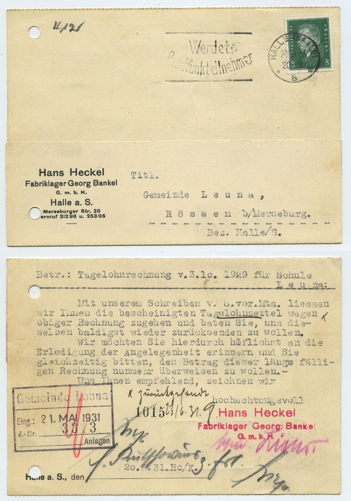 113089 - Postkarte Hans Heckel GmbH - Halle (Saale) 20.5.1931 nach ...