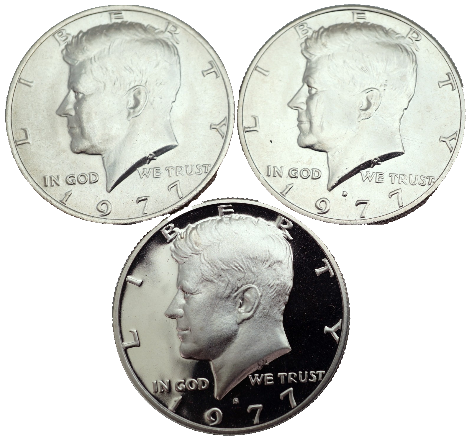 1977 P D S Kennedy Half Dollar PDS Year Set BU & Proof Lot of 3 Coins ...