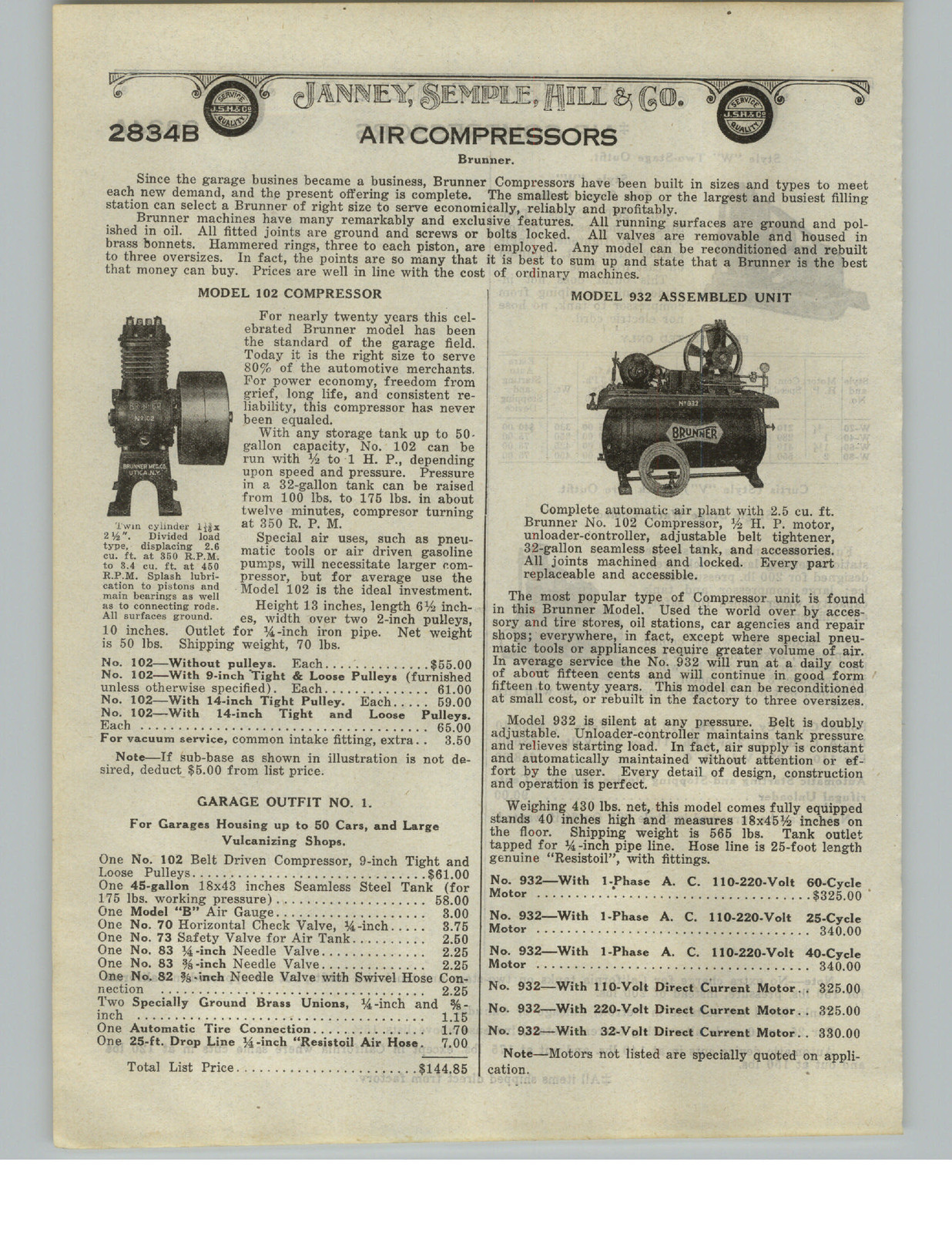 1924 PAPER AD 3 PG Brunner Air Compressor Portable Model 52 102 932 66 ...