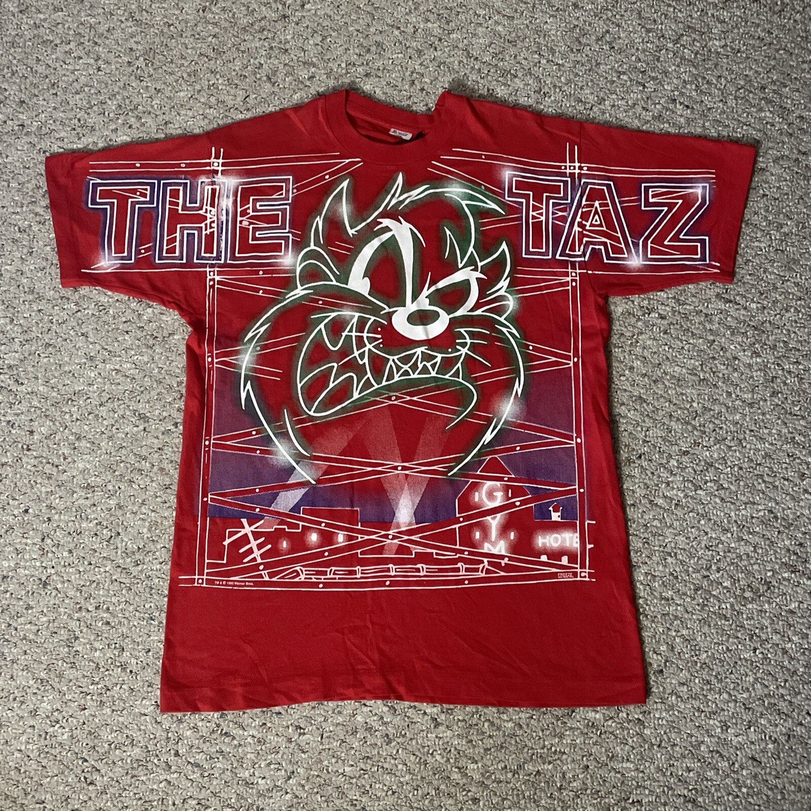 Vintage 1995 Looney Tunes Taz Neon Red Cartoon T-Shir… - Gem