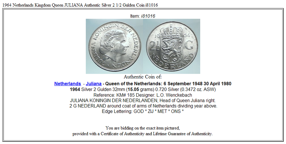 1964 Netherlands Kingdom Queen JULIANA Authentic Silver 2 1/2 Gulden ...