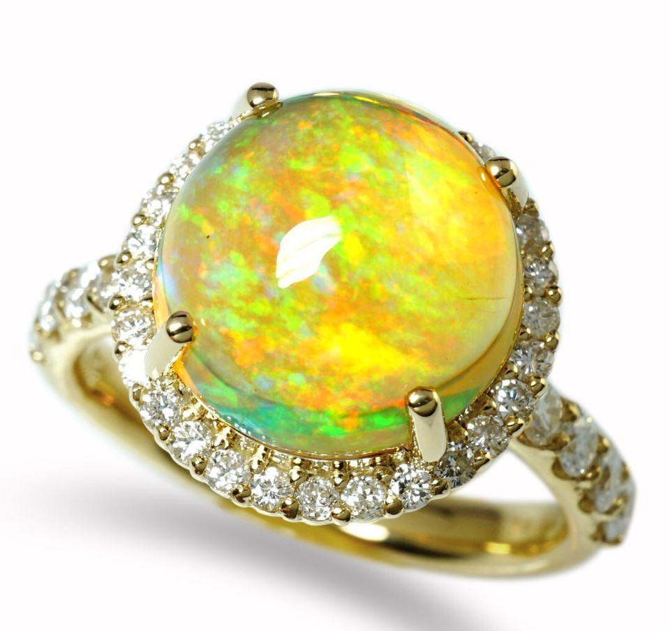 [TOP} 3.72 ct Mexican Natural Water Opal Ring US:6.5 K18YG w/ 0.61 ct ...