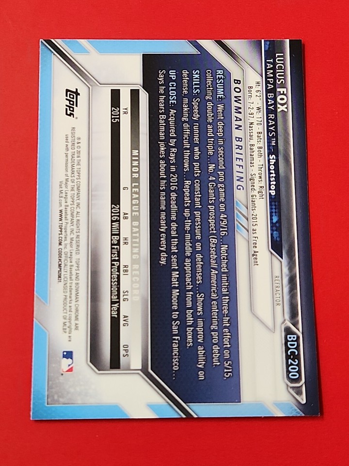 Lucius Fox 2016 Bowman Chrome Draft Refractor ,#BDC-200 , Tampa Bay ...